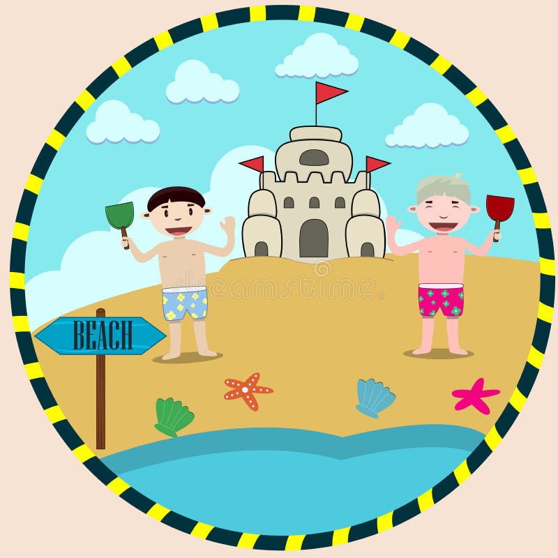 Vector Illustration of Two Children on Beach, Summer Time Theme Stock ...