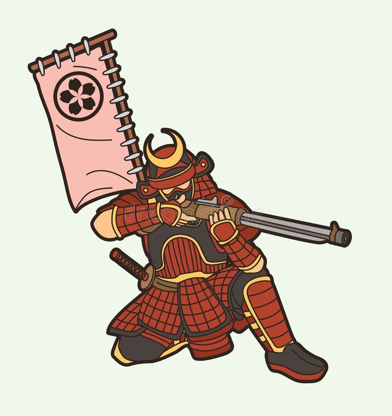 Samurai Warrior with Gun Action Japanese Fighter Cartoon Graphic Vector ...