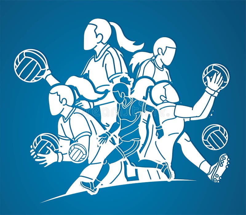 Gaelic Football Female Players Sport Mix Action Cartoon Graphic Vector ...