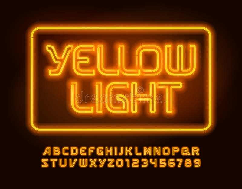 Yellow Light Alphabet Font. Neon Color Letters and Numbers Stock Vector ...