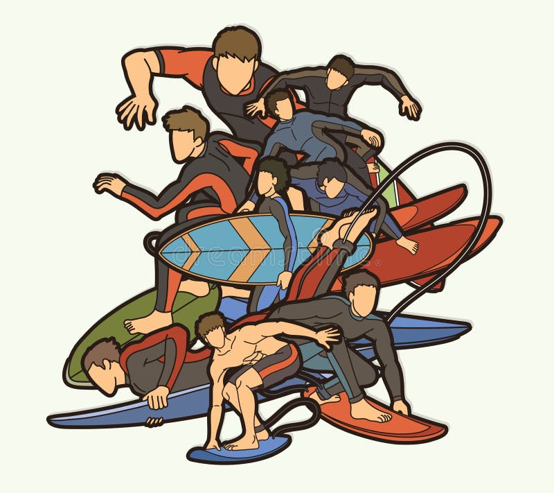 Group of Surfer Action Surfing Sport Man and Woman Players Cartoon ...