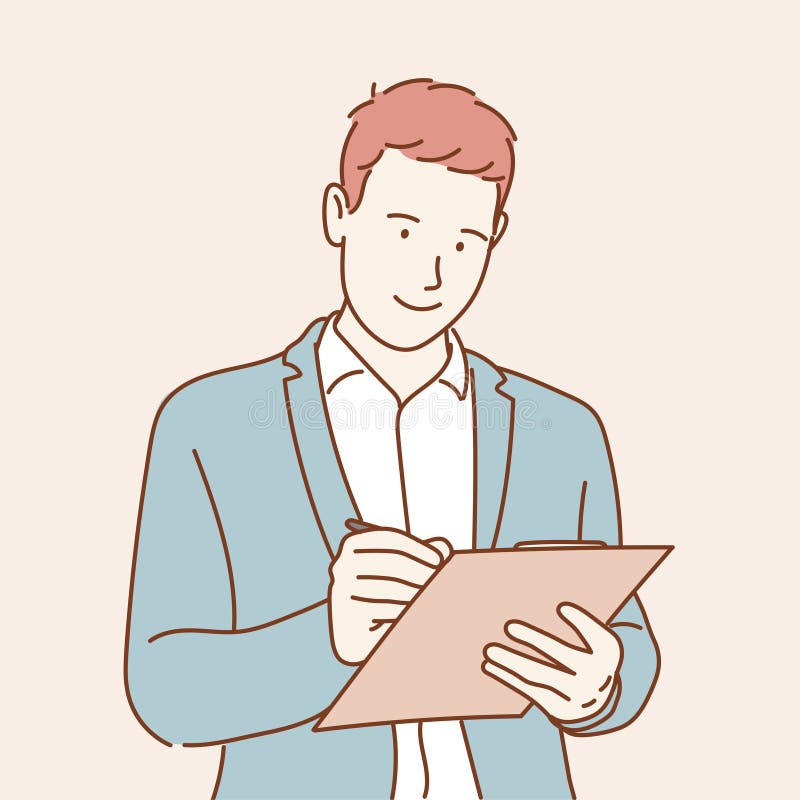 A Young Businessman Was Standing, Taking Notes and Smiling Stock Vector ...