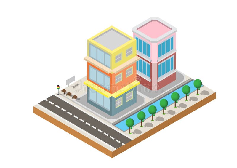 Isometric Building Vector.Two Building on Yard with Road and Trees ...