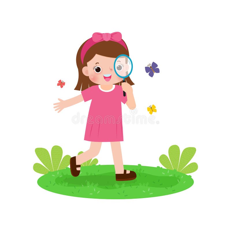 Happy Cute Kids Looking through Magnifying Glasses at Butterfly ...