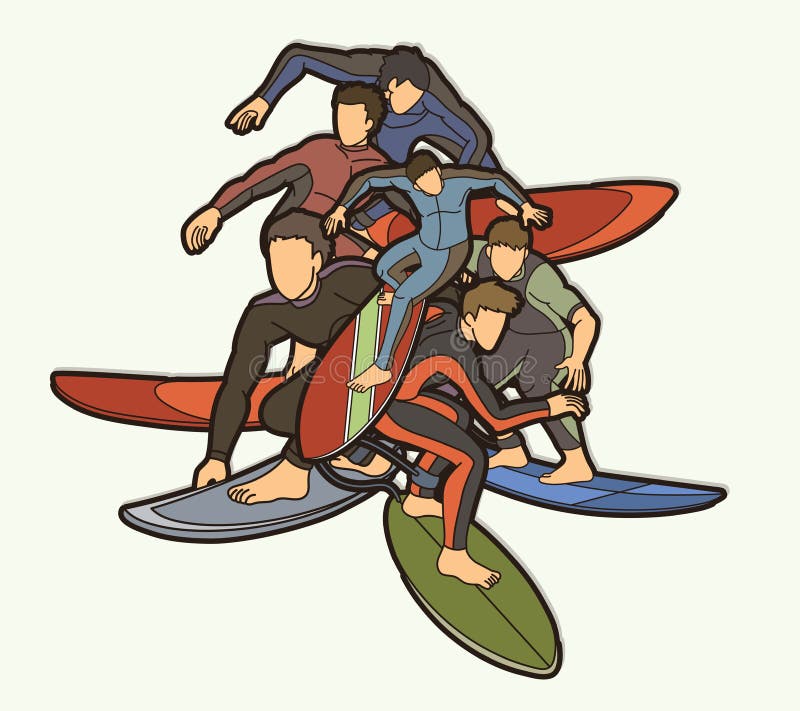 Group of Surfing Sport Men Players Surfer Action Cartoon Graphic Vector ...