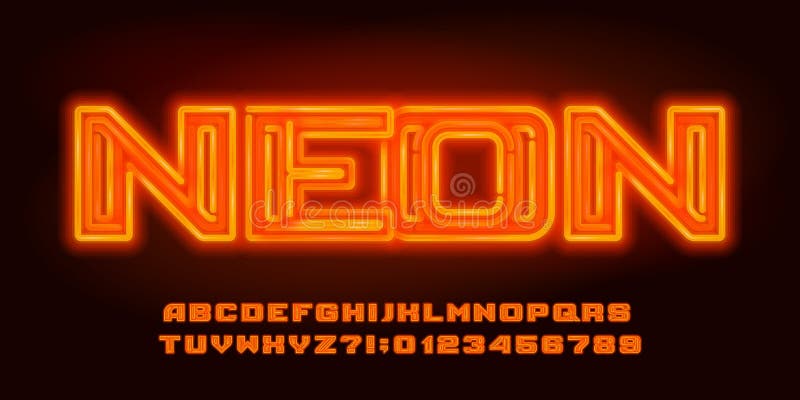Bold Neon Alphabet Font. Orange Neon Letters and Numbers Stock Vector ...