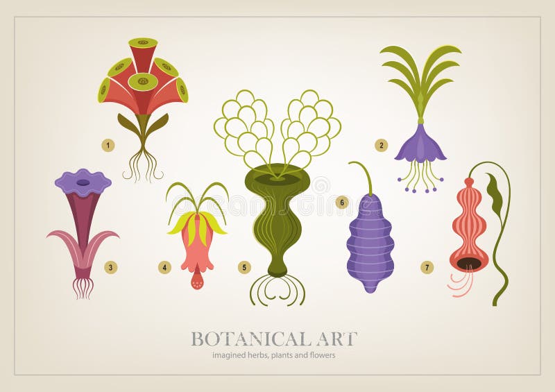 Collection of Imaginary Flowers and Plants, Vector Illustration. Stock ...