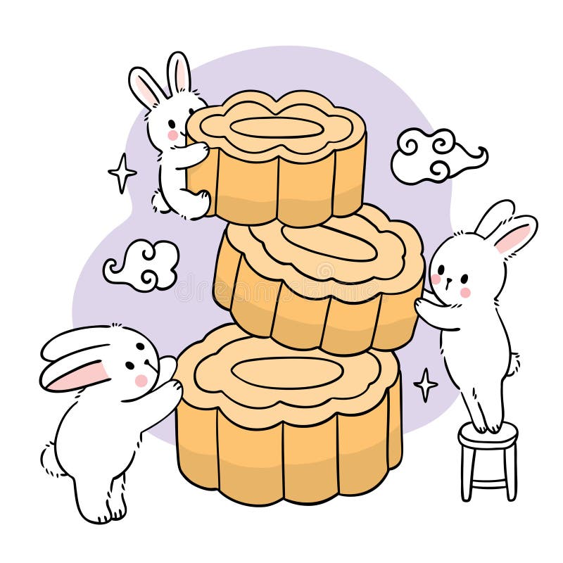 Hand Draw Cartoon Cute Mid Autumn Festival White Rabbits and Moon Cake ...