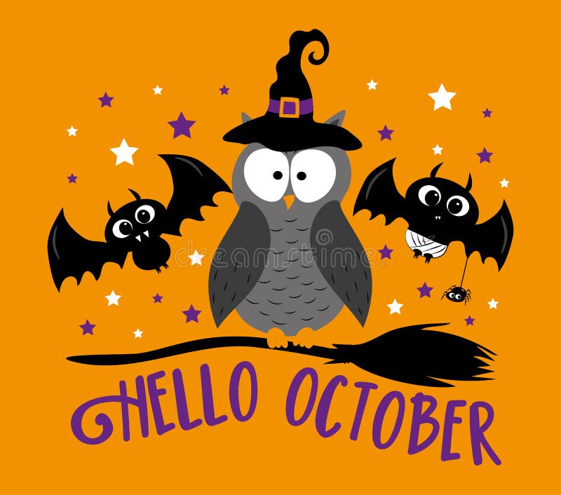 Hello October- Happy Greeting for Halloween with Cute Bats, Spider and ...