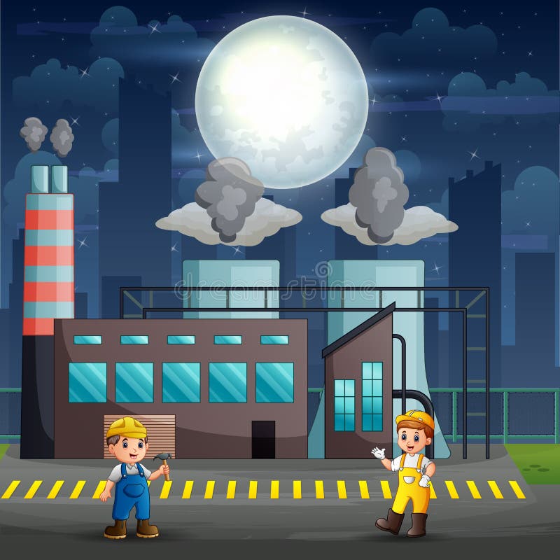 Illustration of Factory Workers Working at Night Stock Vector ...