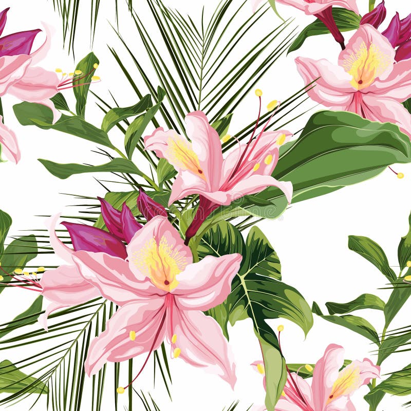 Bright Seamless Pattern with Tropical Pink Flowers and Leaves ...
