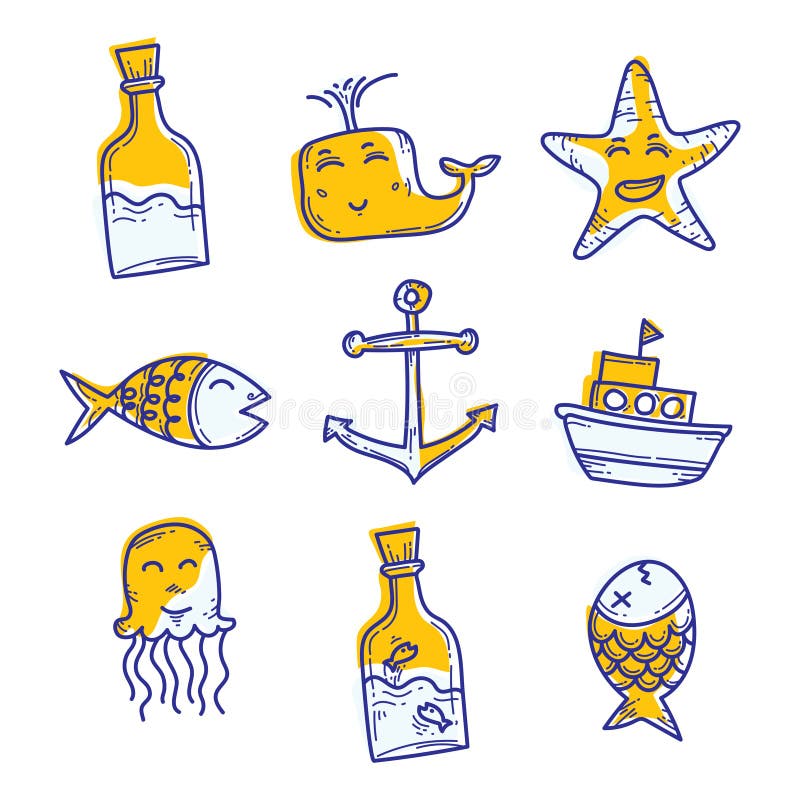 Sailor Ocean Stuff Doodle Funky Playful Illustration Set Stock Vector ...