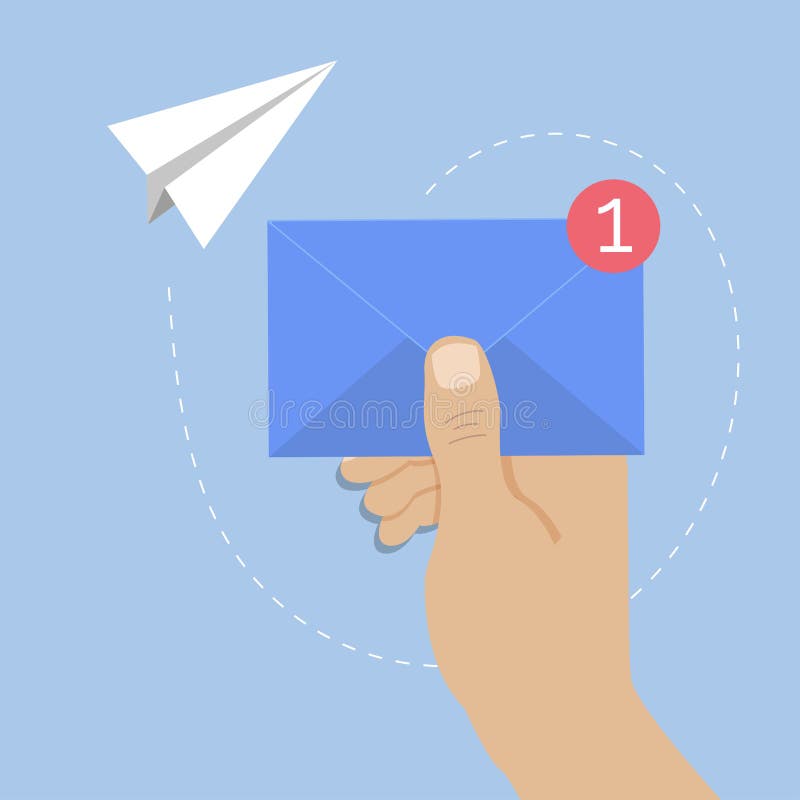 Hand Hold Blue Postal Envelope, Around Flying Paper Plane. Email ...