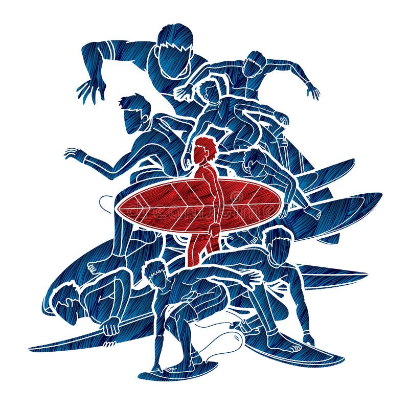 Group of Surfer Action Surfing Sport Man Players Cartoon Graphic Vector ...