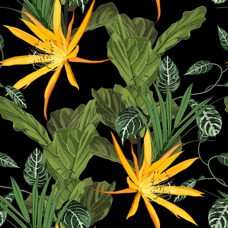 Bright Seamless Pattern with Tropical Yellow Flowers and Leaves ...