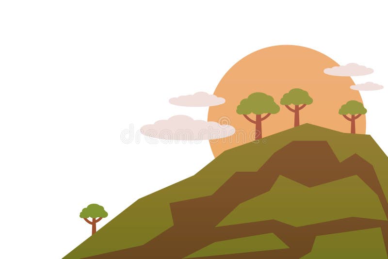 Simple Landscape with Green High Grassy Hill with Trees, Clouds and Red ...