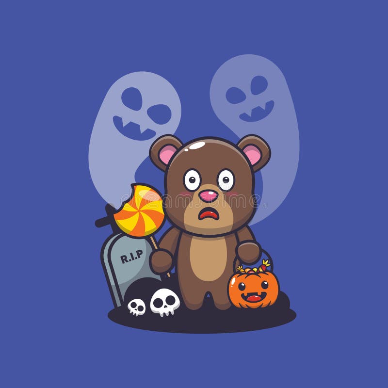 Cute Bear Scared by Ghost. Cute Animal Halloween Vector Cartoon ...