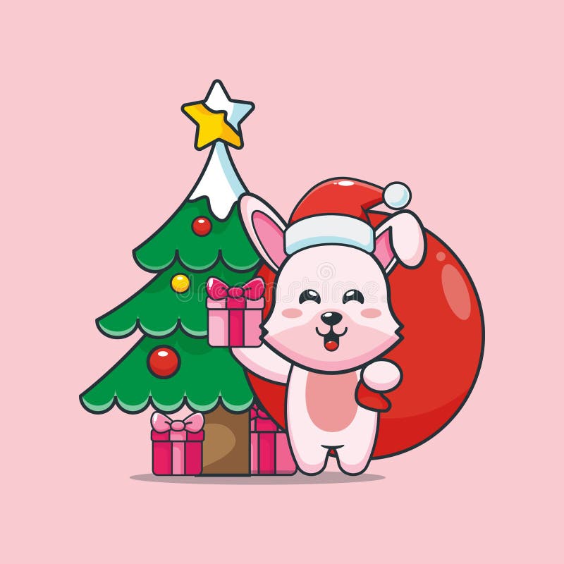 Cute Christmas Bunny Rabbit Carrying Gift Cartoon Vector Illustration ...