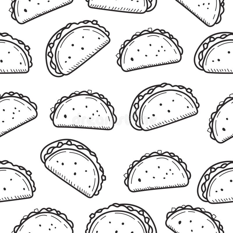 Taco Doodle Seamless Pattern with Black and White Color Stock Vector ...
