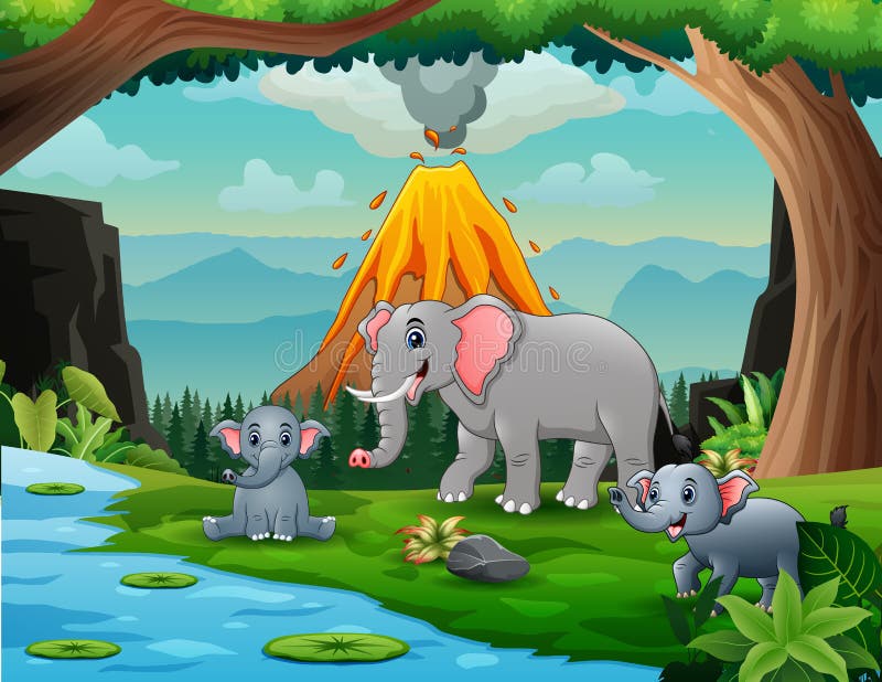 Volcano Erupting with Elephant by the River Stock Vector - Illustration ...