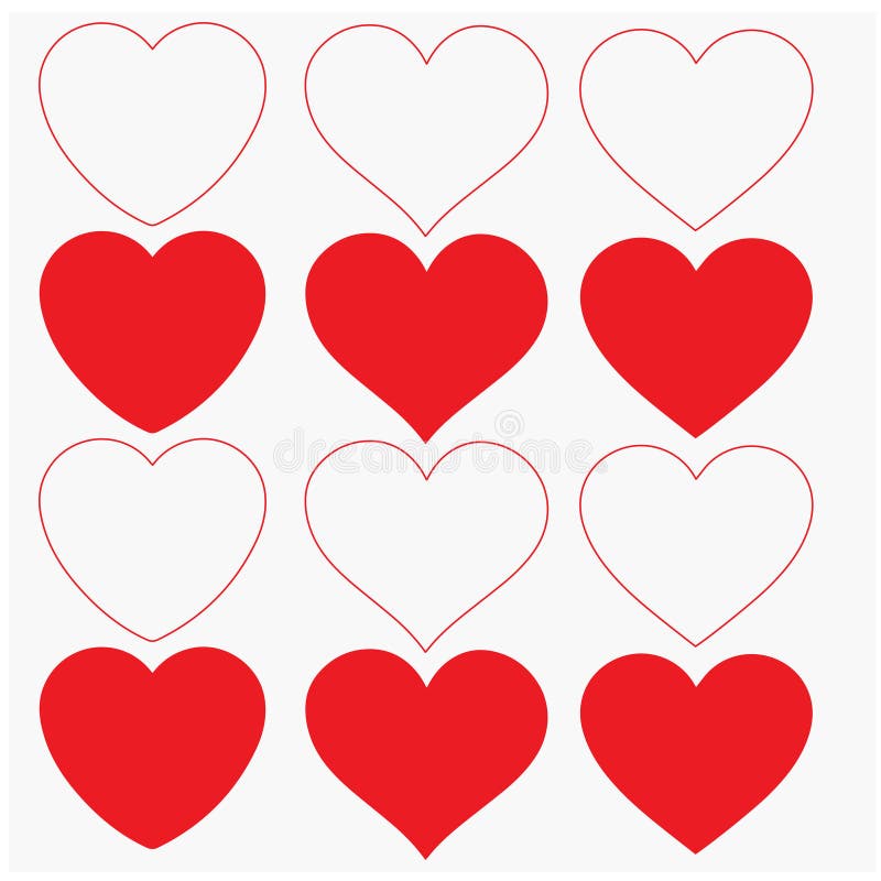 Twelve Hearts Vector Illustration Placed in Red and Gray on a White ...