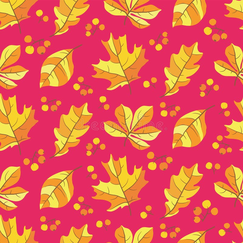 Yellow Red Autumn Pattern with Leaves and Berries Stock Illustration ...