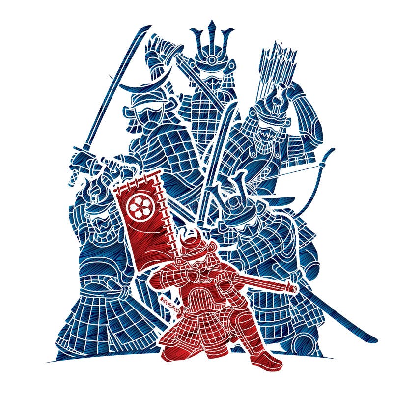 Group of Samurai Warrior with Weapon Japanese Fighter Ronin Cartoon ...