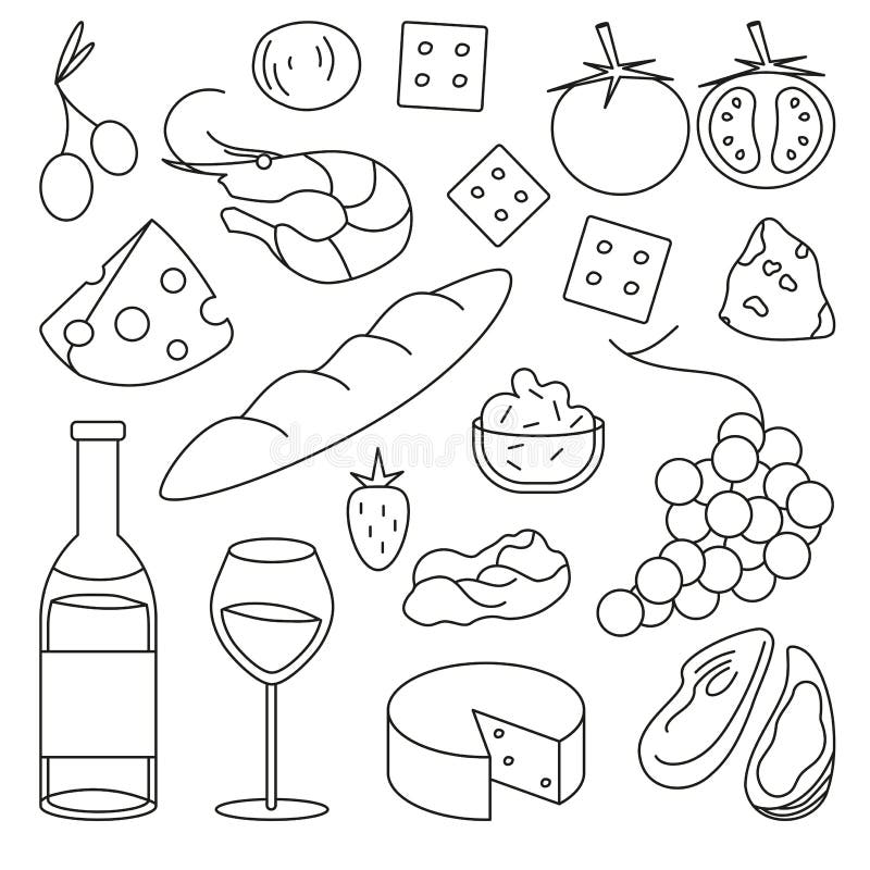 Hand Drawn Doodle Set of Red Wine and Snacks Outline. Bottle of Red ...