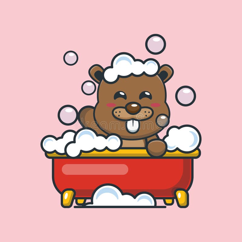 Cute Beaver Taking Bubble Bath in Bathtub. Cute Animal Cartoon ...