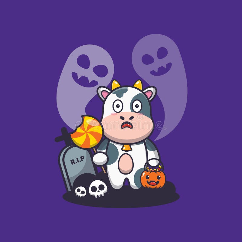 Cute Cow Scared by Ghost in Halloween Day Stock Vector - Illustration ...