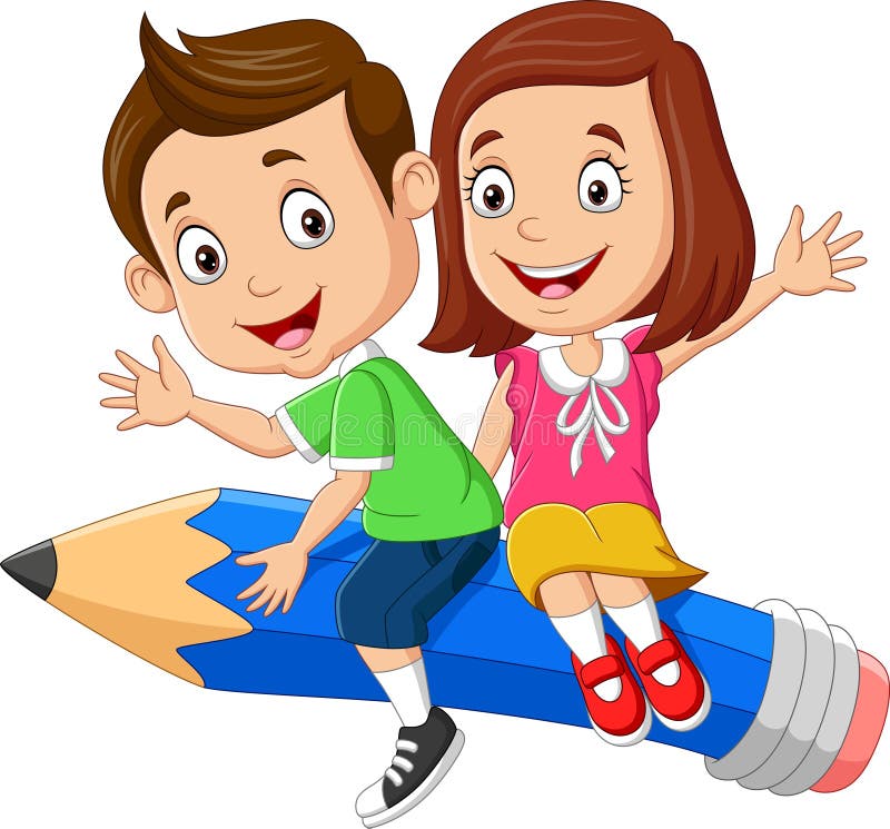 Cartoon Little Boy and Girl Flying on a Pencil Stock Vector ...