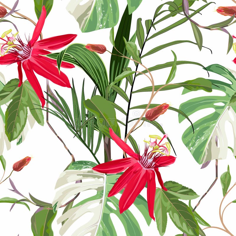 Red Passion Flower Seamless Pattern, Buds and Palm Tropical Leaves on ...