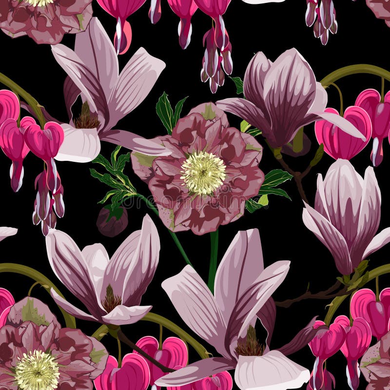 Seamless Floral Pattern with Pink Tropical Magnolia, Heart and Anemones ...
