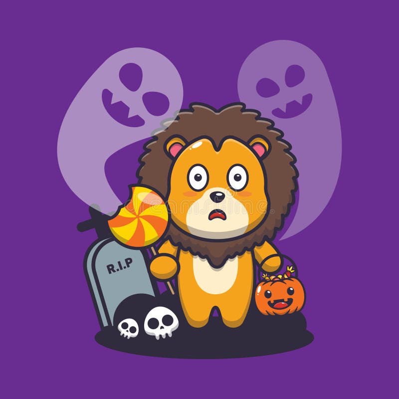 Cute Lion Scared by Ghost in Halloween Day Stock Vector - Illustration ...