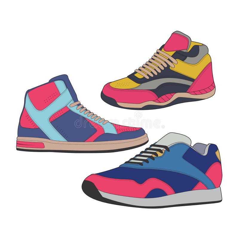 Sneaker Shoe Line Art. Flat Color Shoe Llustration Set Collection ...
