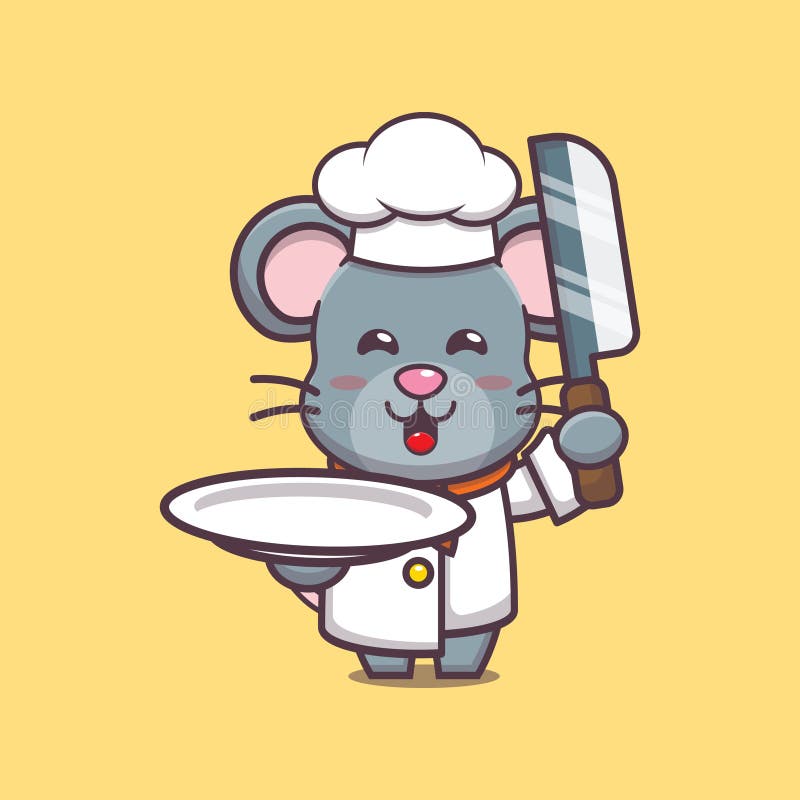 Cute Mouse Chef Holding Plate and Knife Stock Vector - Illustration of ...
