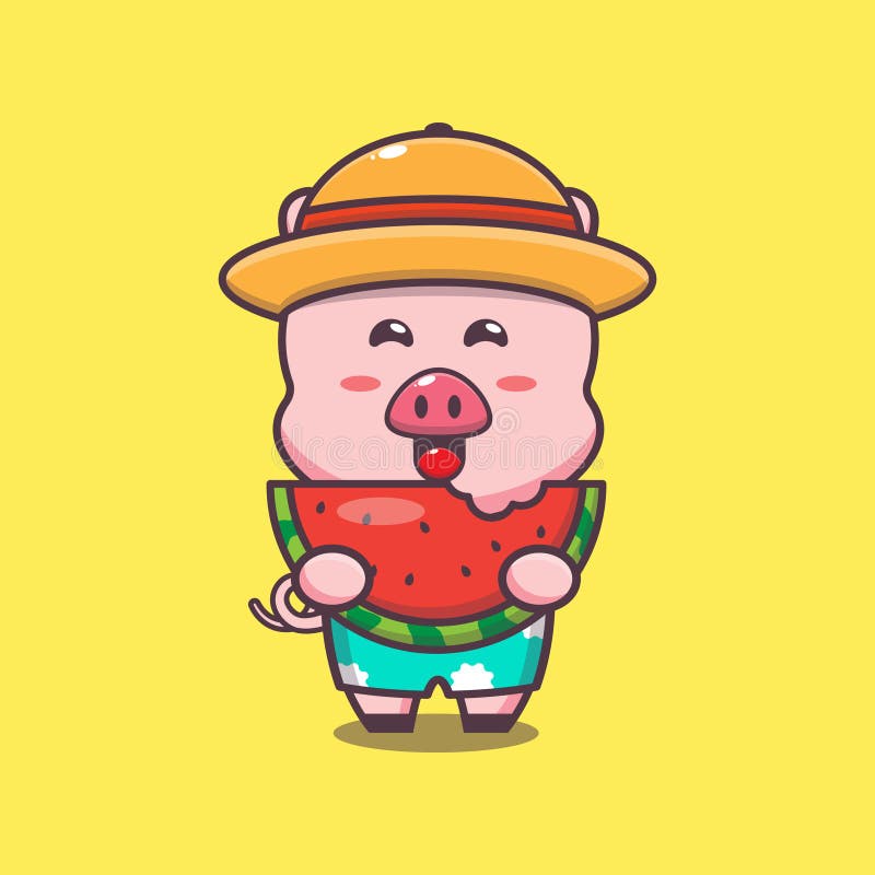 Cute Pig Eating Watermelon in Summer Time Stock Vector - Illustration ...