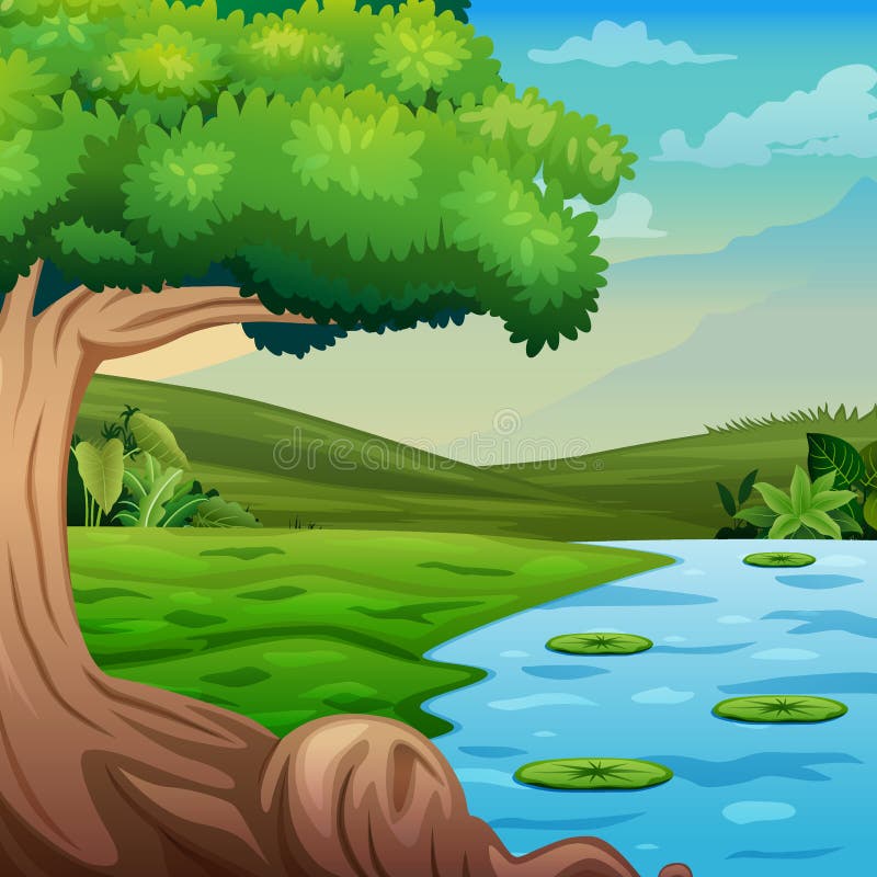 Background Scene with a Tree by the River Stock Vector - Illustration ...