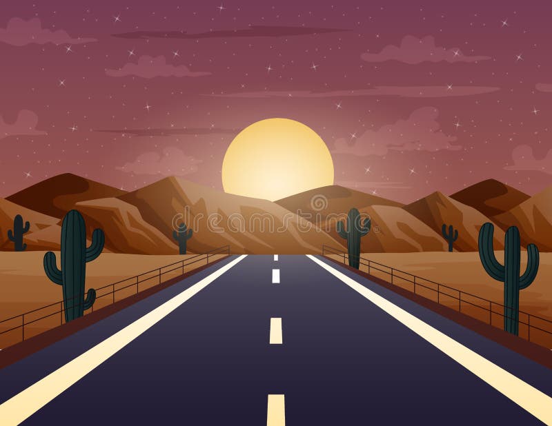 Scene with Long Road through Desert at Night Stock Vector ...