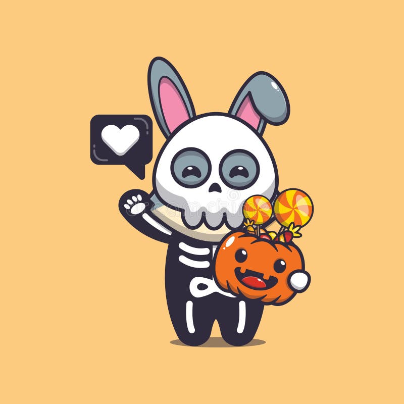 Cute Rabbit with Skeleton Costume Holding Halloween Pumpkin Stock ...
