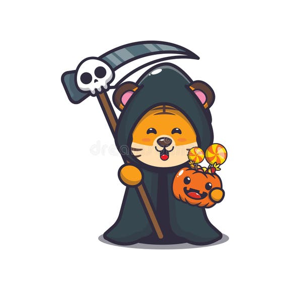 Cute Tiger Wearing Grim Reaper Costume Holding Scythe and Halloween ...
