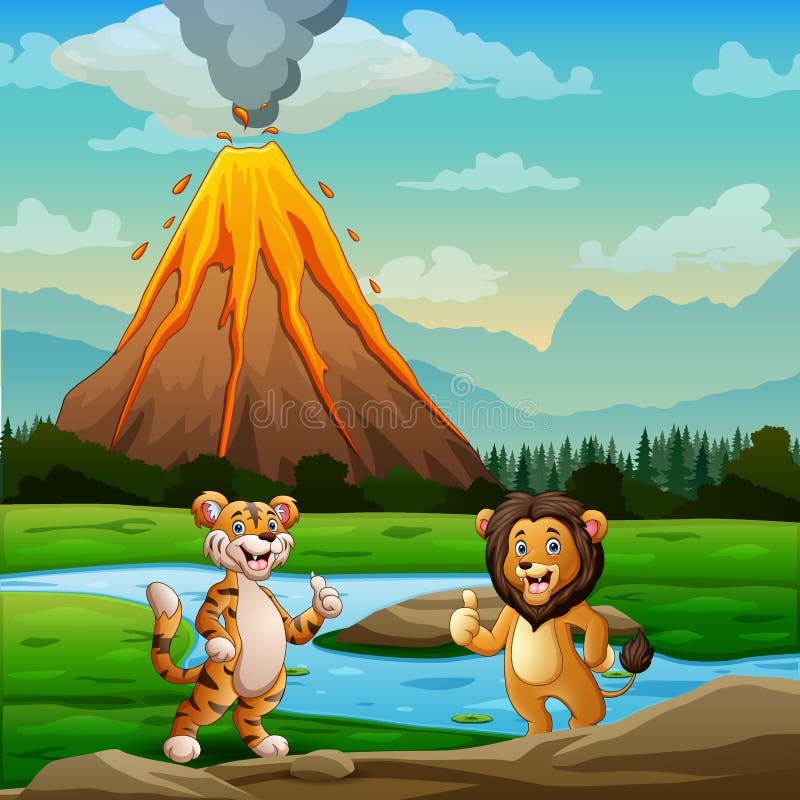 Cute Lion and Tiger Giving Thumb Up at Nature Stock Vector ...
