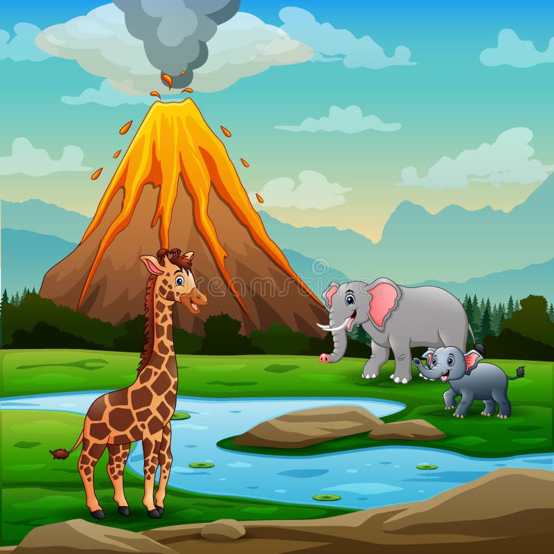 Volcano Eruption Landscape with Animals Playing by the River Stock ...