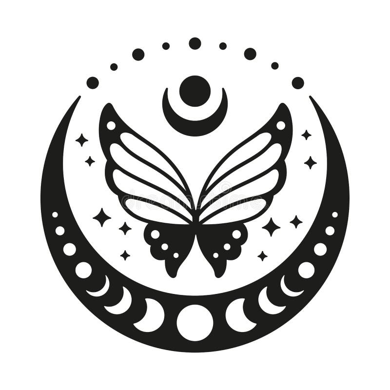 Night Butterfly with Moon. Moon Phases. Mystical Lunar Illustration ...