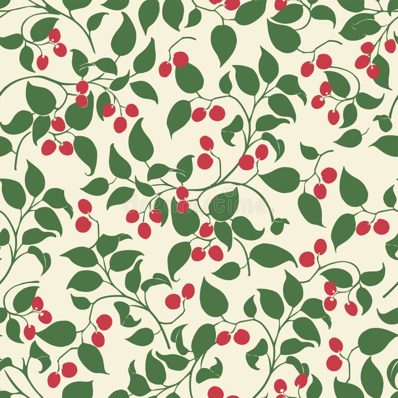 Vector Red Berry Fruit Tree and Leaf Illustration Seamless Repeat ...