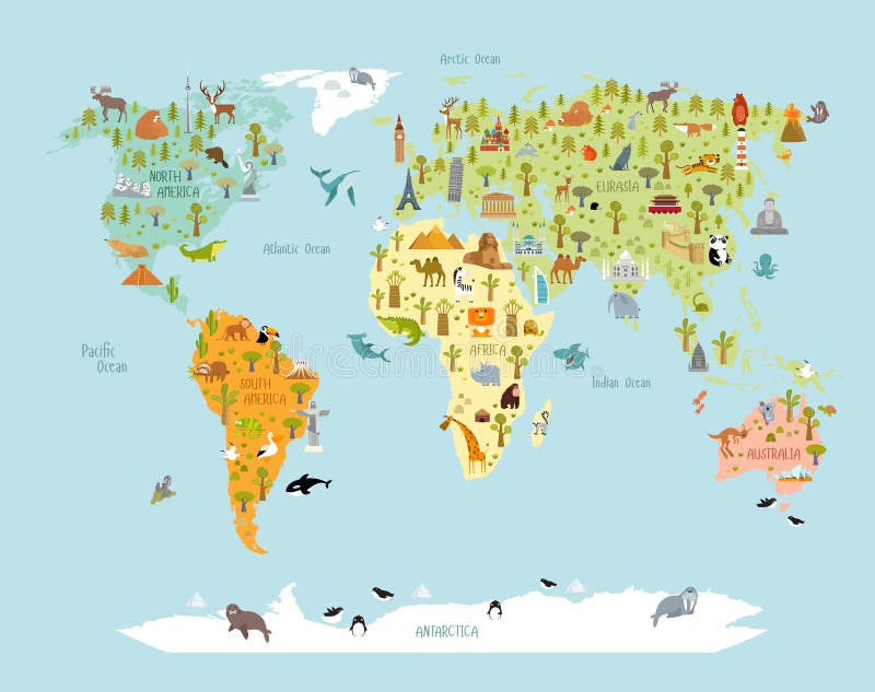 Print. World Map with Animals and Architectural Landmarks for Kids ...