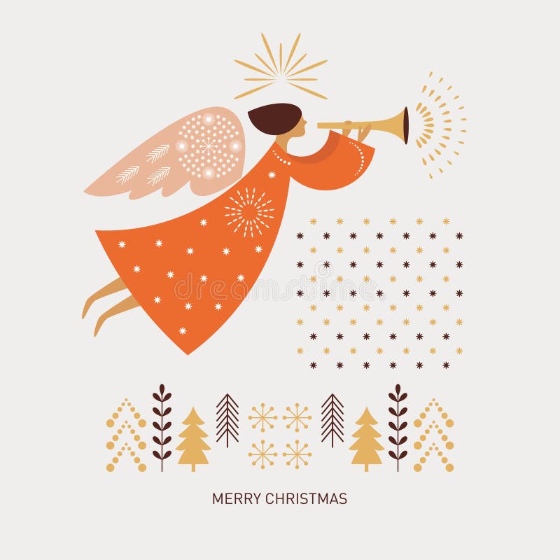 Christmas Card. Flying Christmas Angel Over Town Stock Vector ...