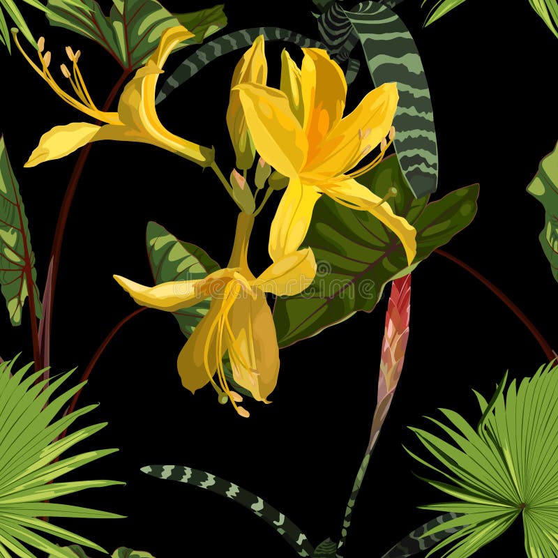 Seamless Pattern with Yellow Oleander Flower, Palm Leaves. Stock ...