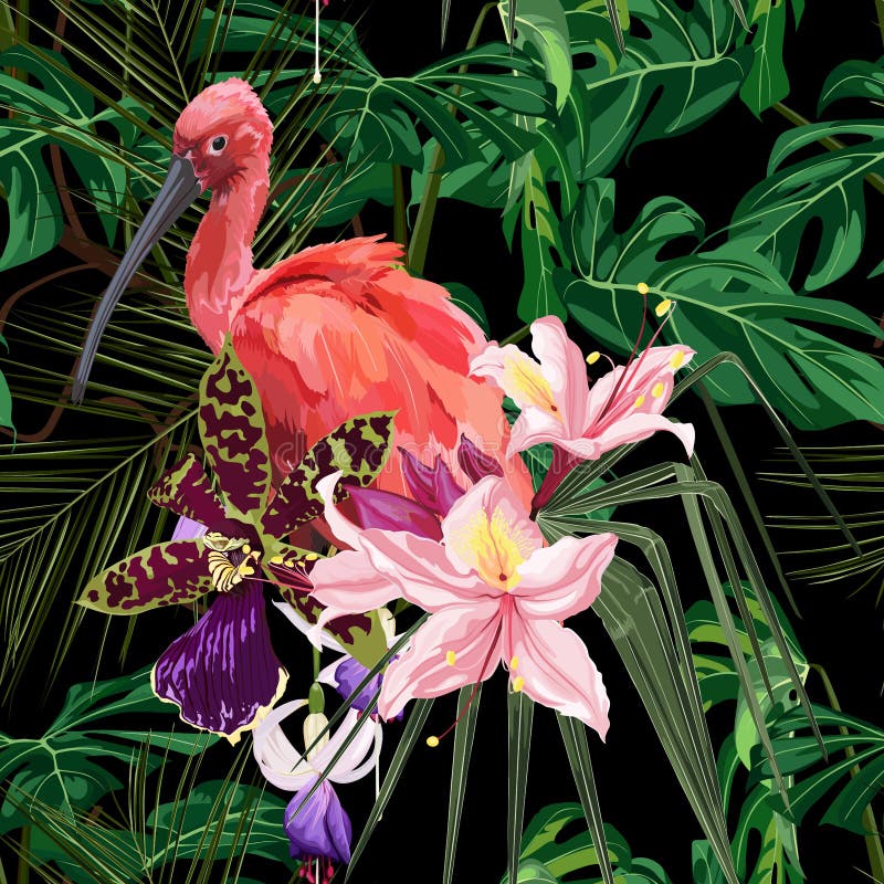 Birds Scarlet Ibis in the Thickets with Palm Leaves and Exotic Flowers ...