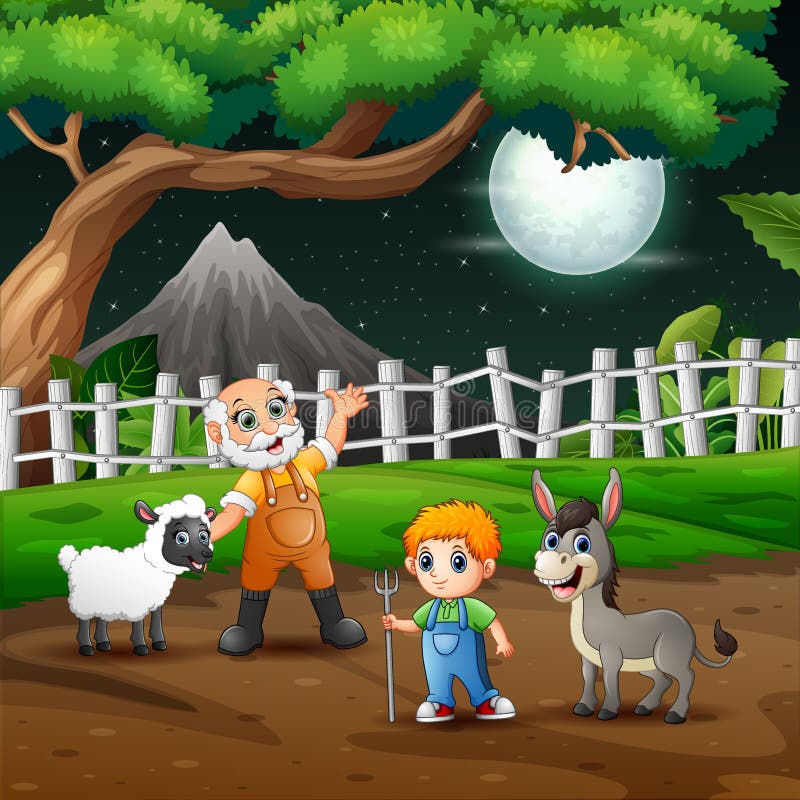 Night Landscape with the Farmers and Farm Animals Stock Illustration ...